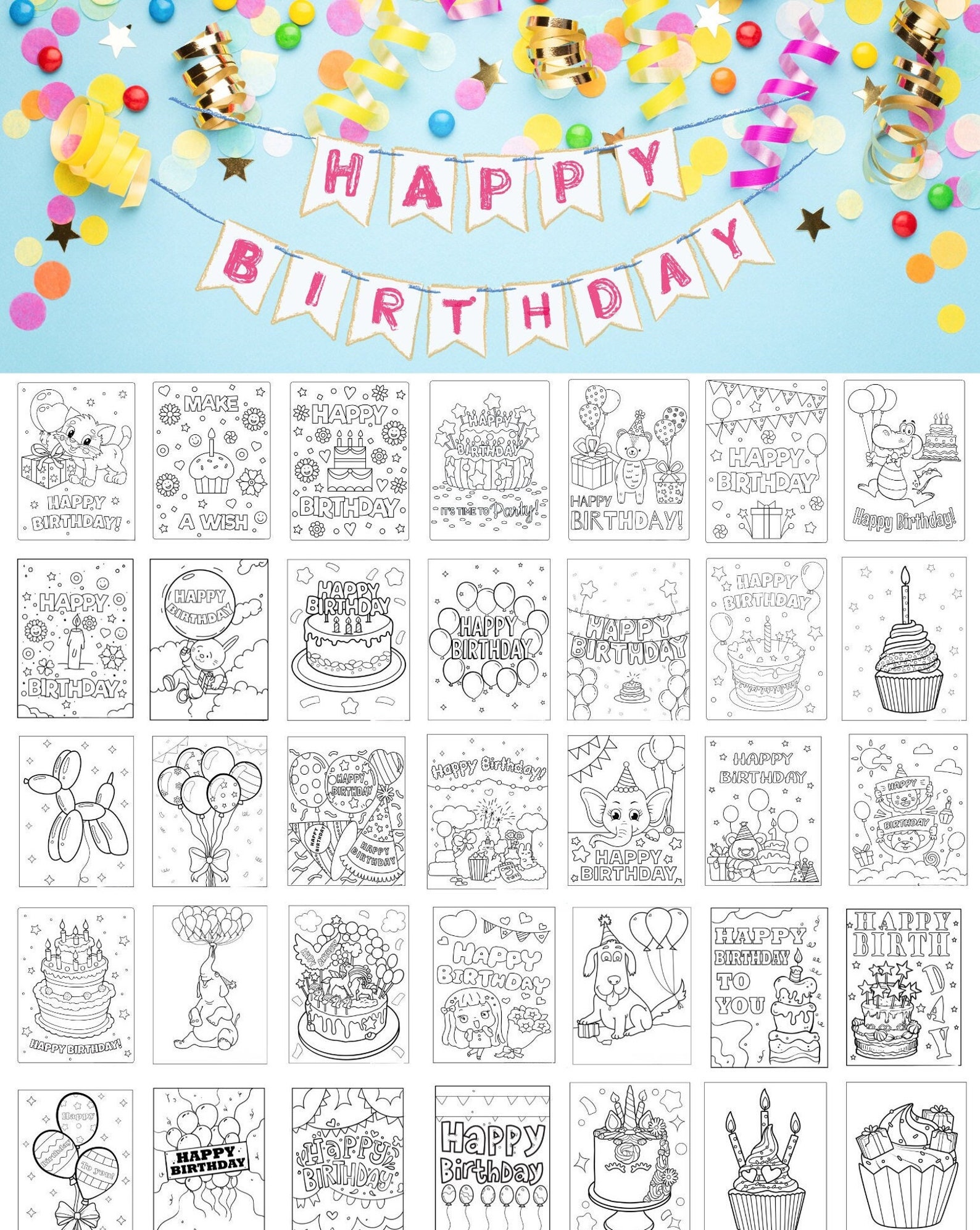 100 Printable Happy Birthday Coloring Pages | Instant Download| Kids ...