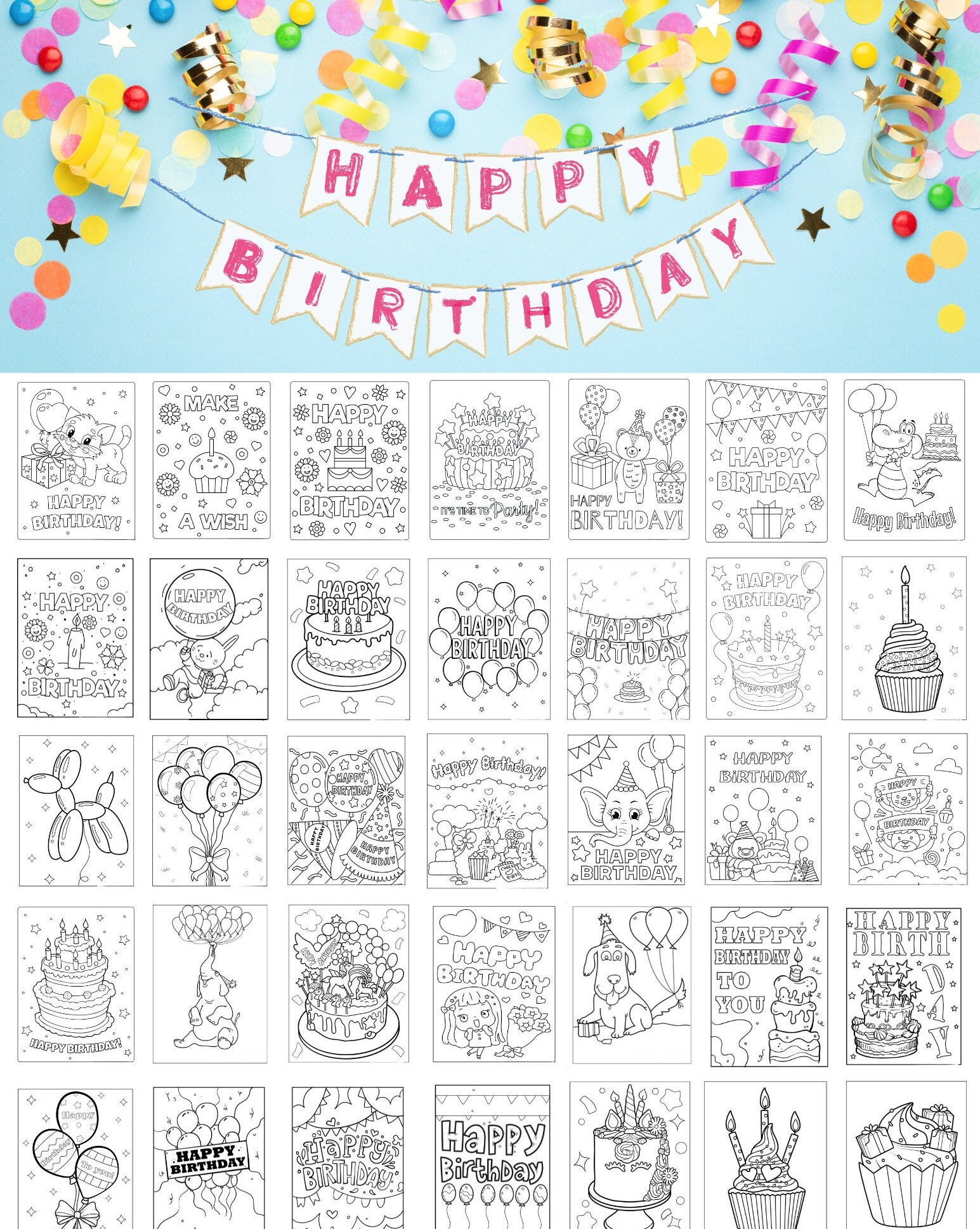 100 Printable Happy Birthday Coloring Pages | Instant Download| Kids ...