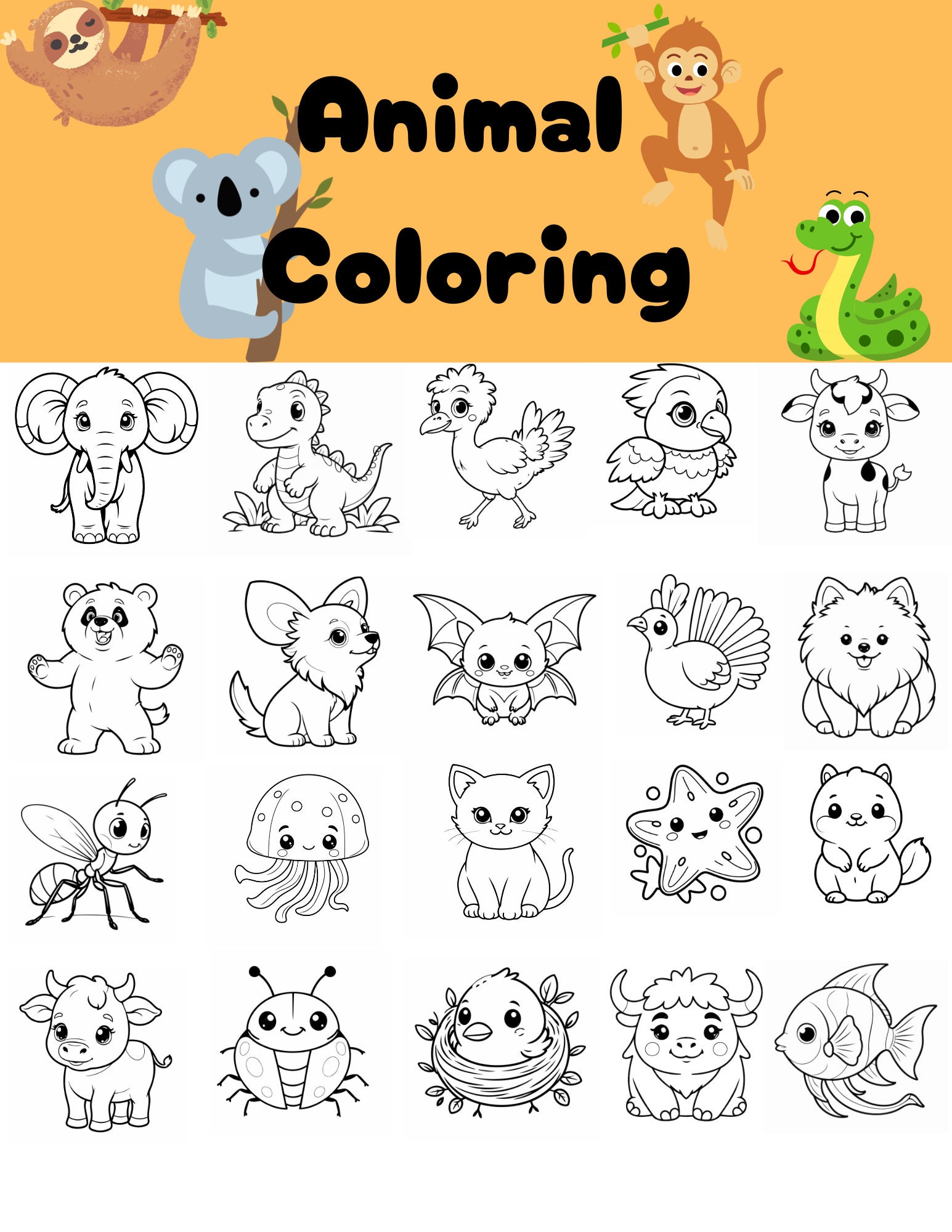 100 Printable Animal Coloring Pages | Instant Download | Kids Animal ...