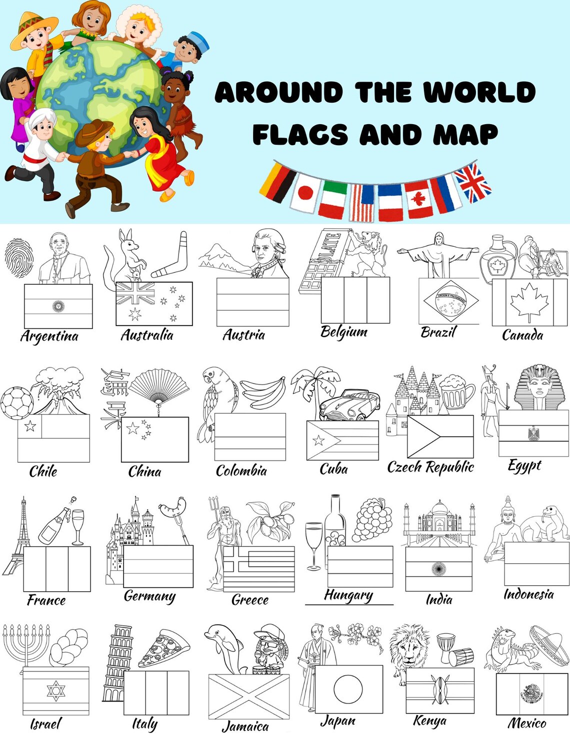 100 Printable Around the World Flags and Maps Coloring Pages | Instant ...