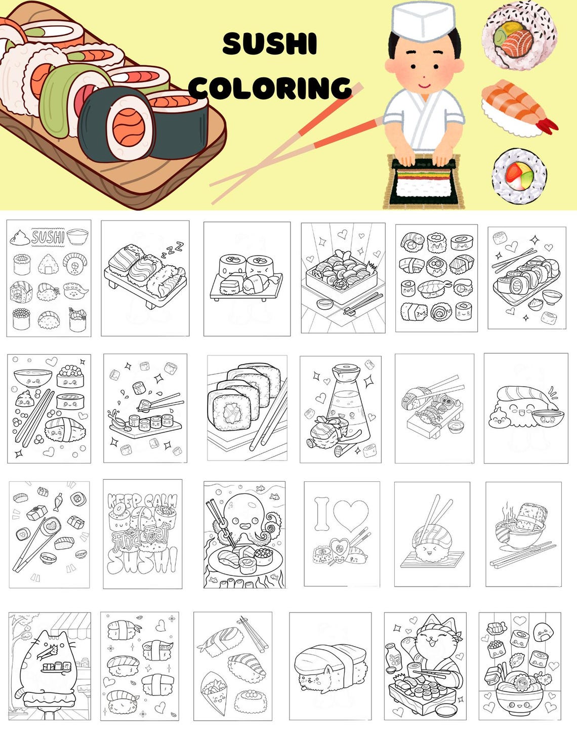 100 Printable Sushi Coloring Pages | Instant Download| Kids Activity ...