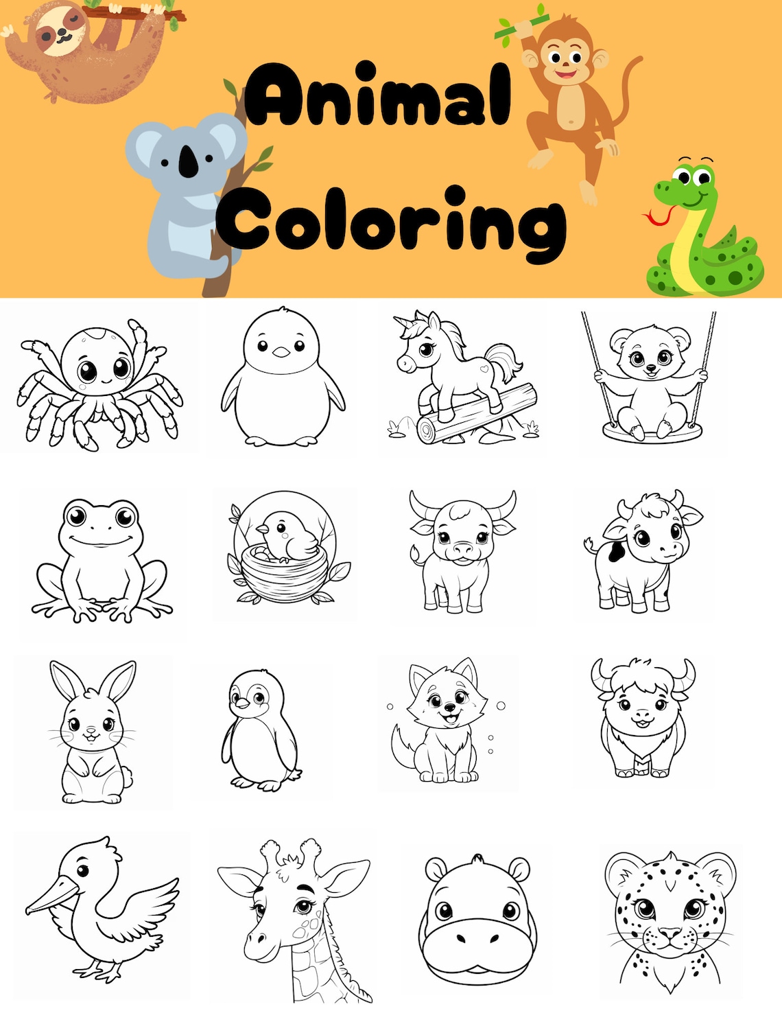 100 Printable Animal Coloring Pages | Instant Download | Kids Animal ...