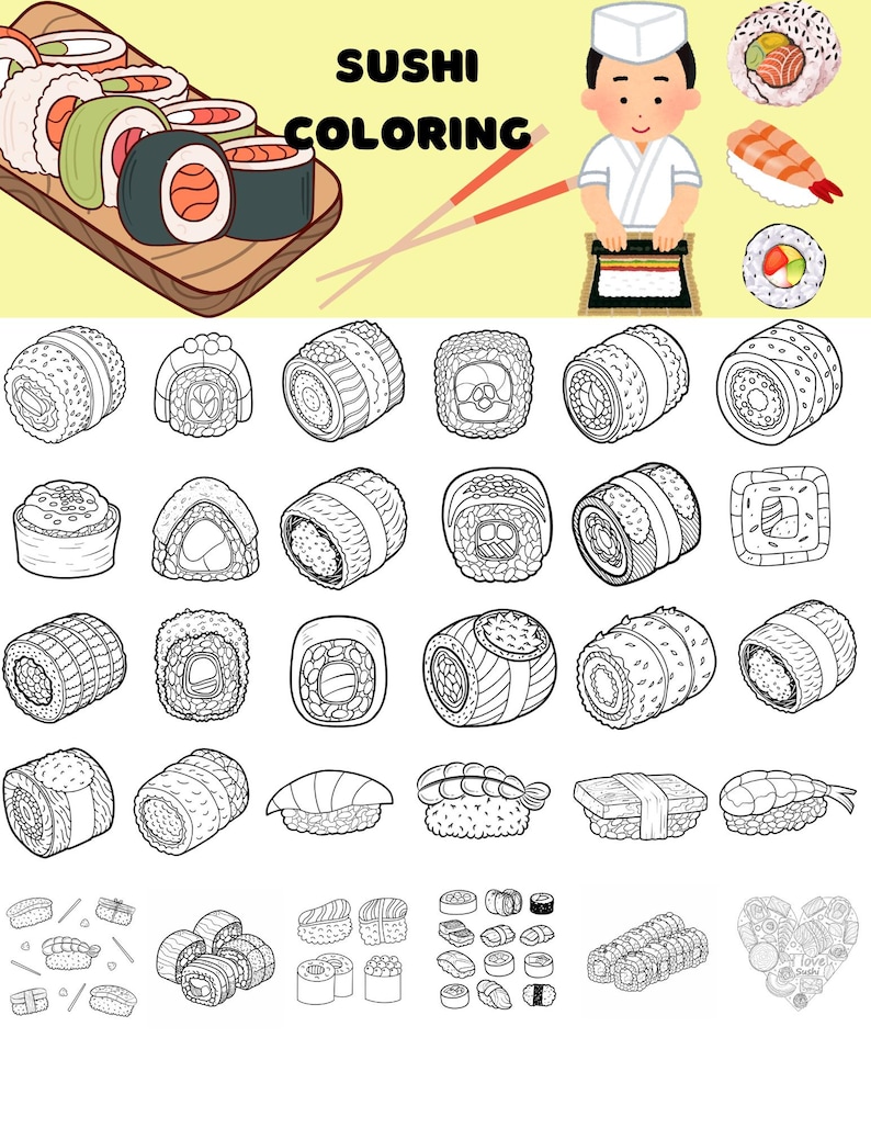 100 Printable Sushi Coloring Pages | Instant Download| Kids Activity ...