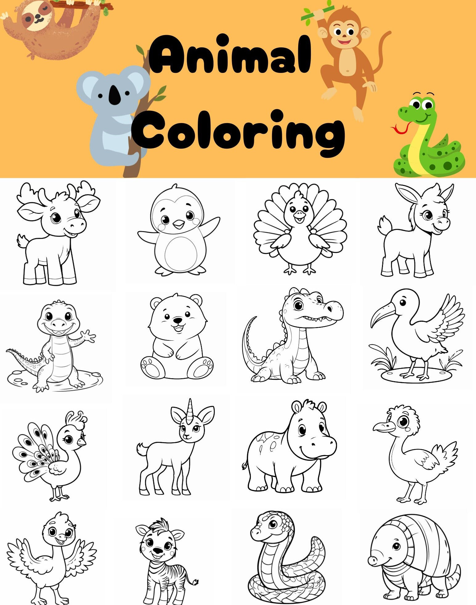 100 Printable Animal Coloring Pages | Instant Download | Kids Animal ...