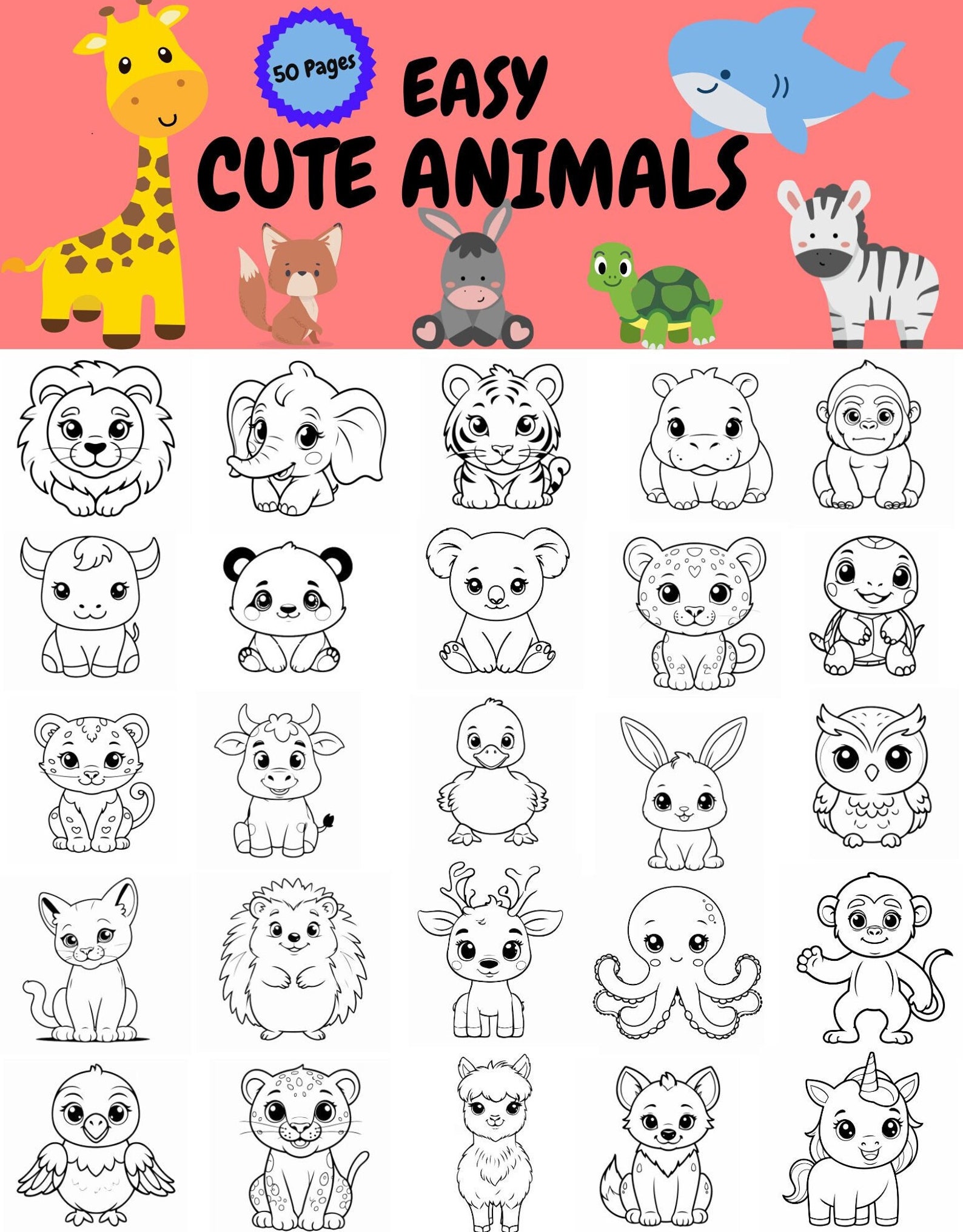 50 Printable Cute Animal Coloring Pages | Instant Download | Animal ...