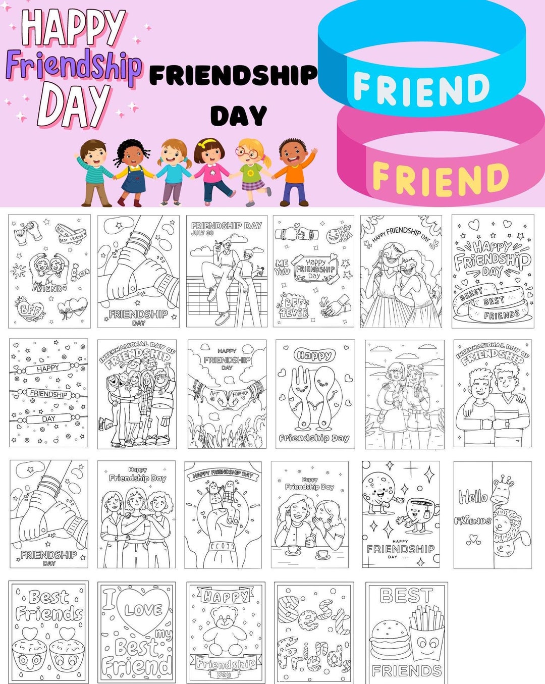 100 Printable Friendship Day Coloring Pages | Instant Download | Happy ...
