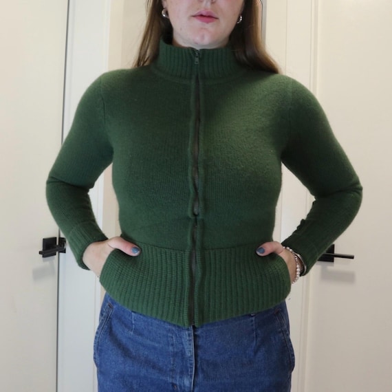 1990s Olive Green Wool Knitted Zip Up Sweater - Gem