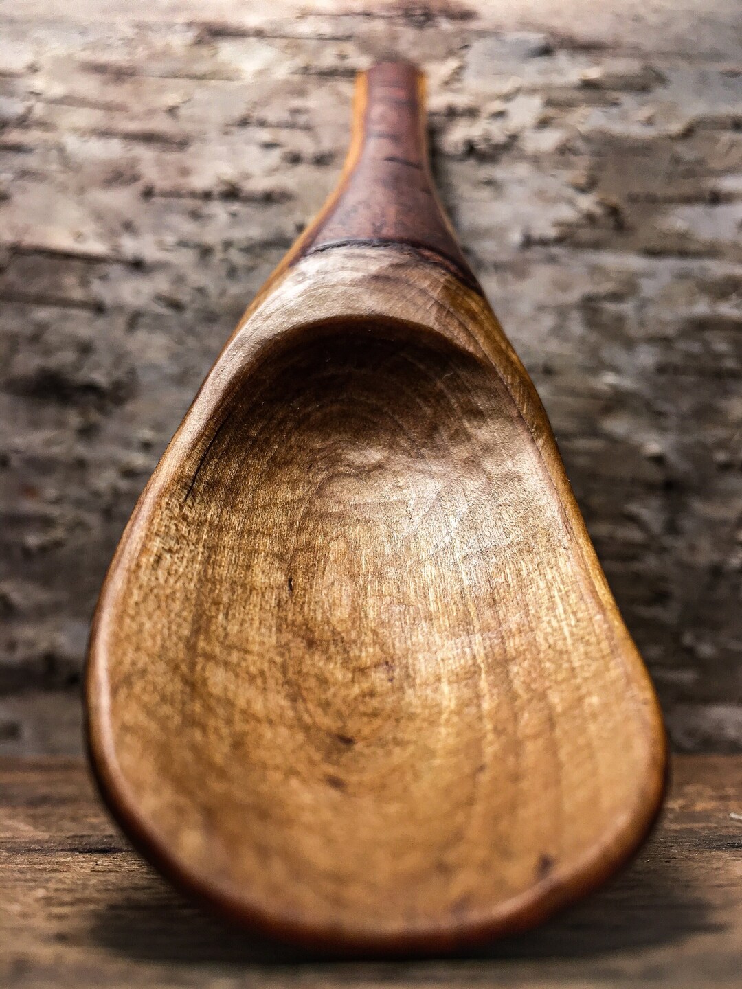 Hand Carved Long Reach Applewood Spoon With Polished Bark on Handle. - Etsy