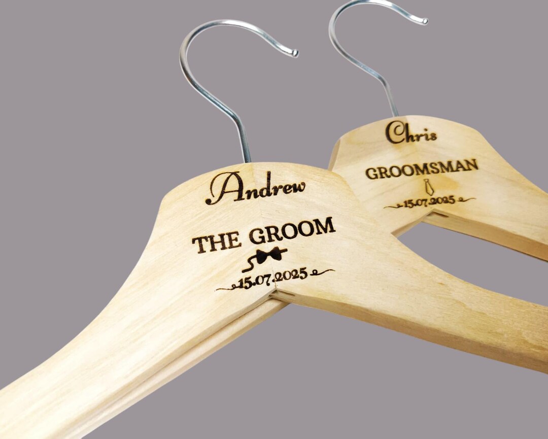 Custom Groom & Groomsmen Hangers – Engraved Wooden Suit Hanger With ...