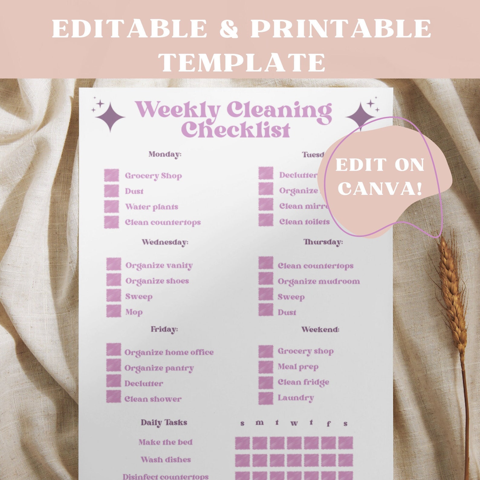 Editable Weekly Cleaning Checklist, Daily Cleaning to Do List, House ...