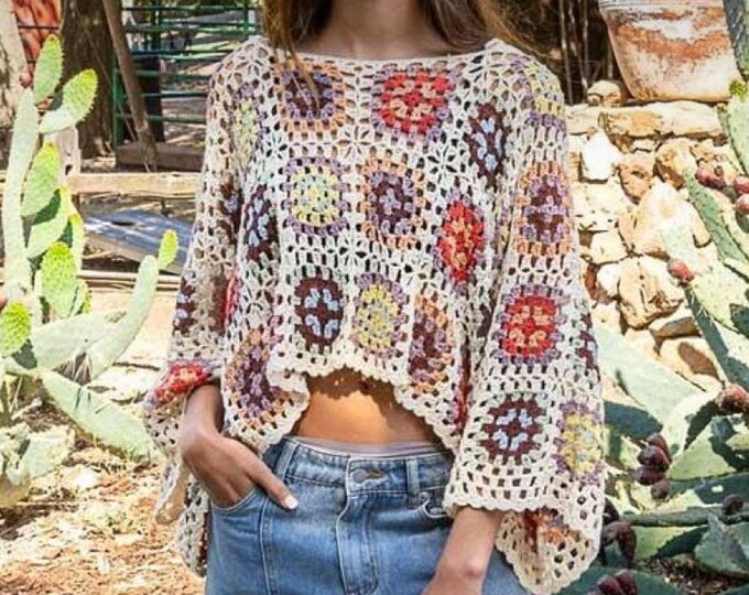 Beige Crochet Sweater Women, Crochet Boho Top, Knitted Crochet Sweater ...