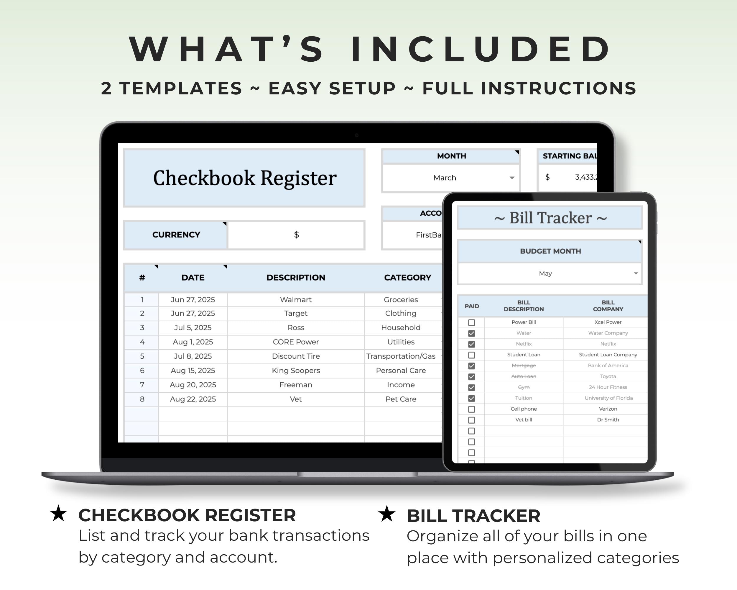 Checkbook Register Bill Tracker Google Sheets Template Budget Finance ...