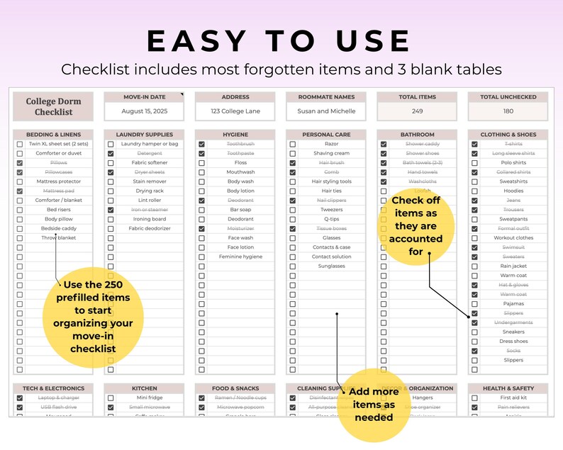 College Dorm Room Checklist Template Google Sheet Excel Packing List ...