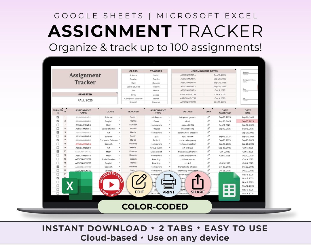 Assignment Tracker Google Sheet Excel Study Planner Spreadsheet ...