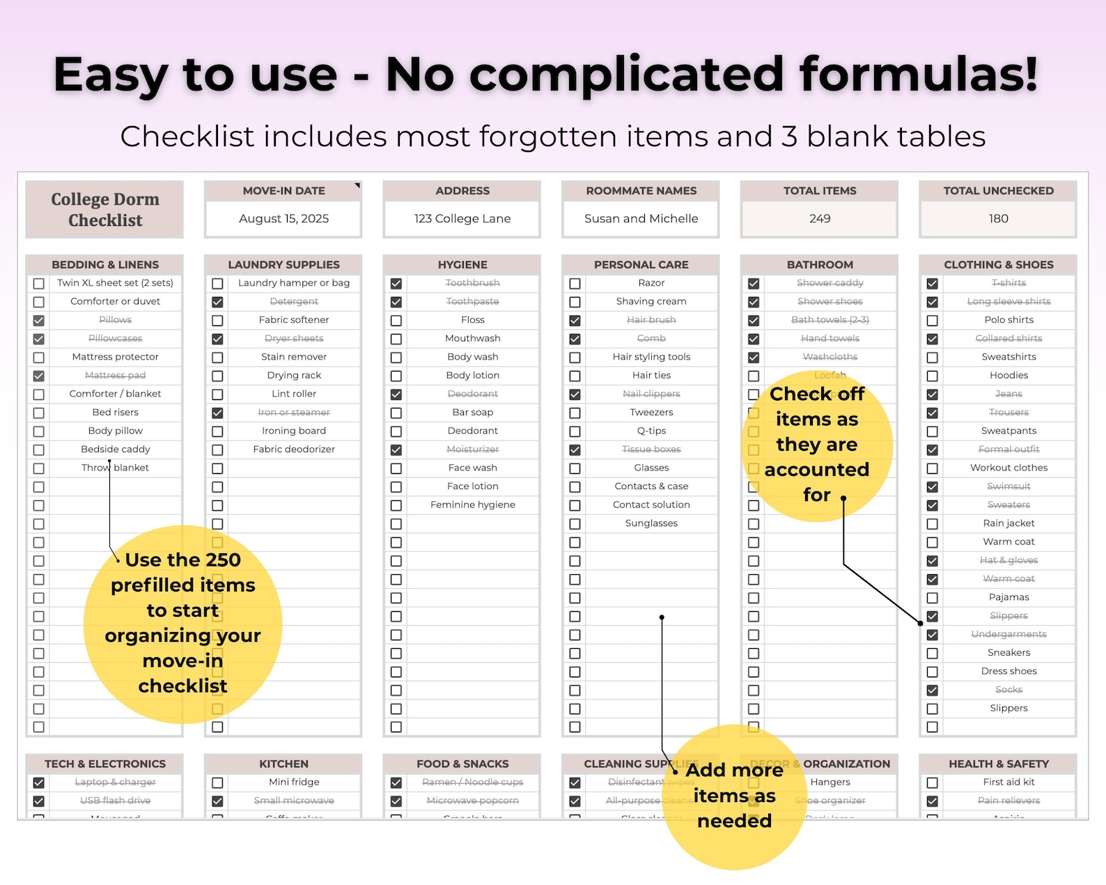 College Dorm Room Checklist Template Google Sheet Excel Packing List ...