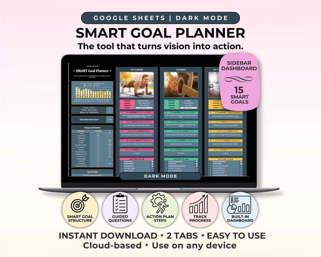 Goal Tracker Spreadsheet Dark Mode Goal Planner Google Sheets SMART ...