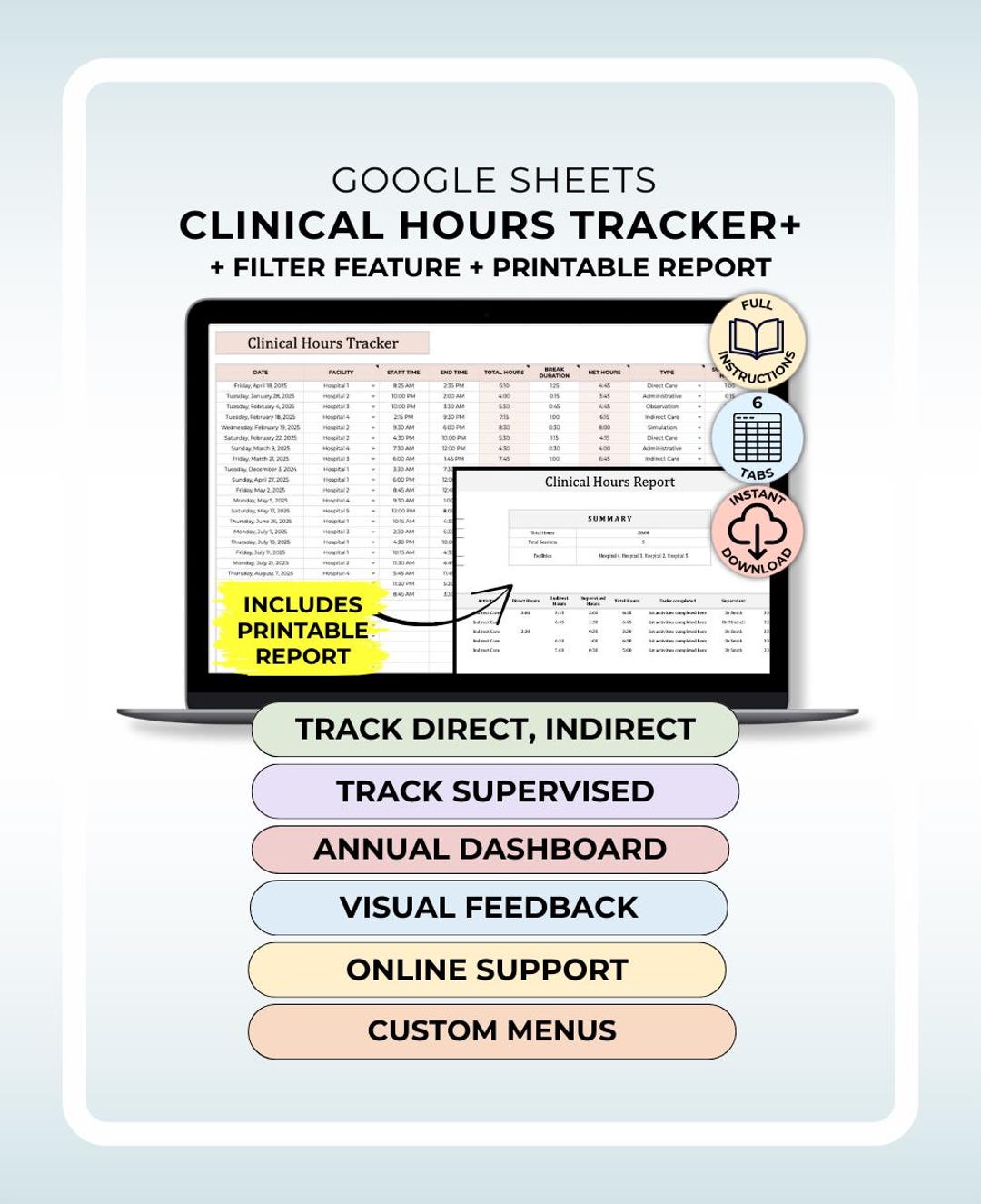 Clinical Hour Tracker Spreadsheet Google Sheet Nursing School Planner ...