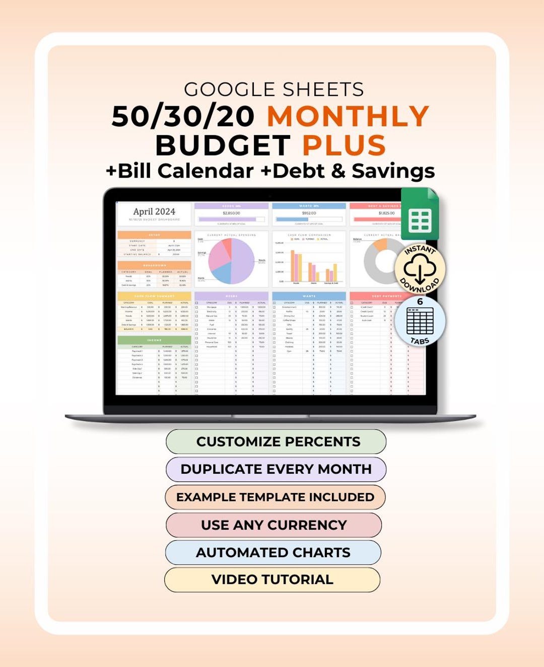 50 30 20 Budget Template Google Sheet Personal Finance Household Budget ...