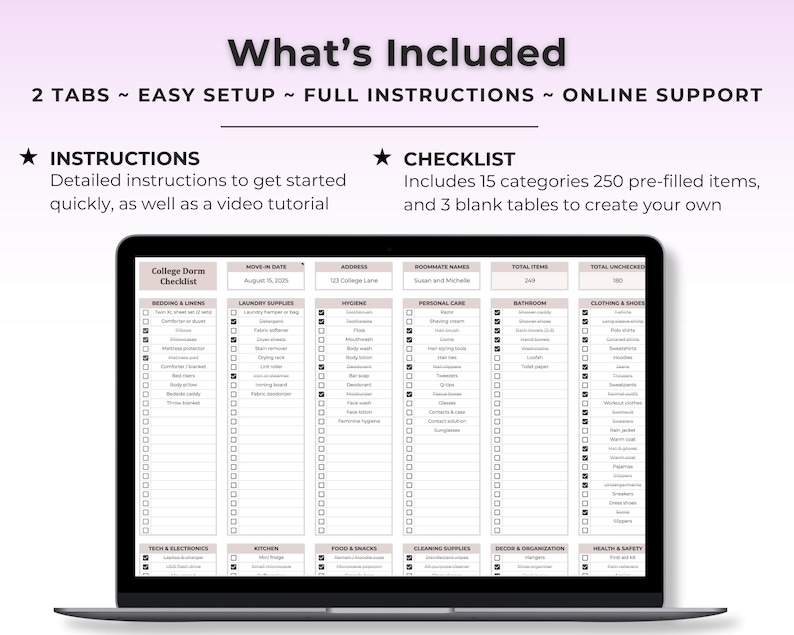 College Dorm Room Checklist Template Google Sheet Excel Packing List ...