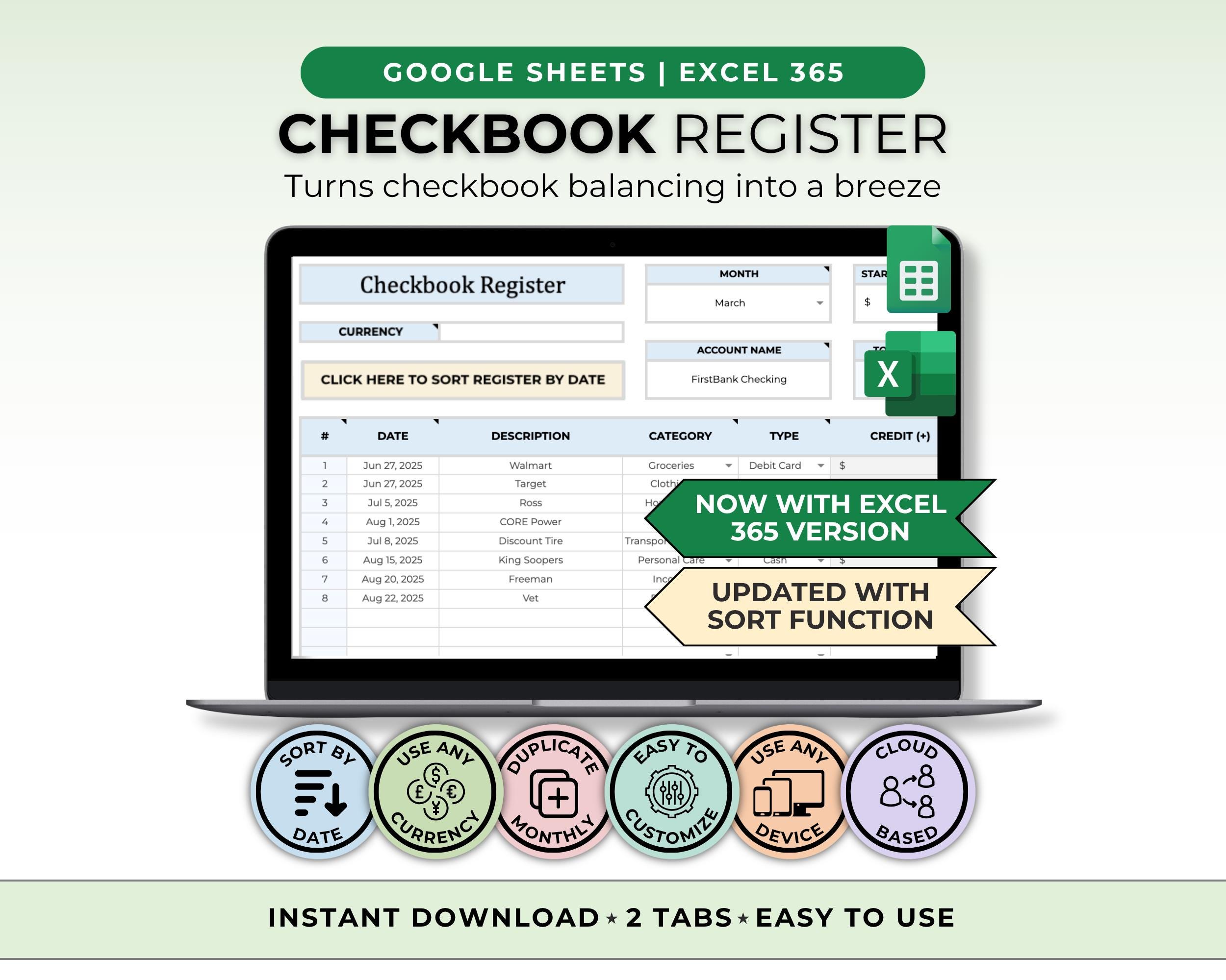 Checkbook Register for Google Sheets Budget Digital Check Balancing ...