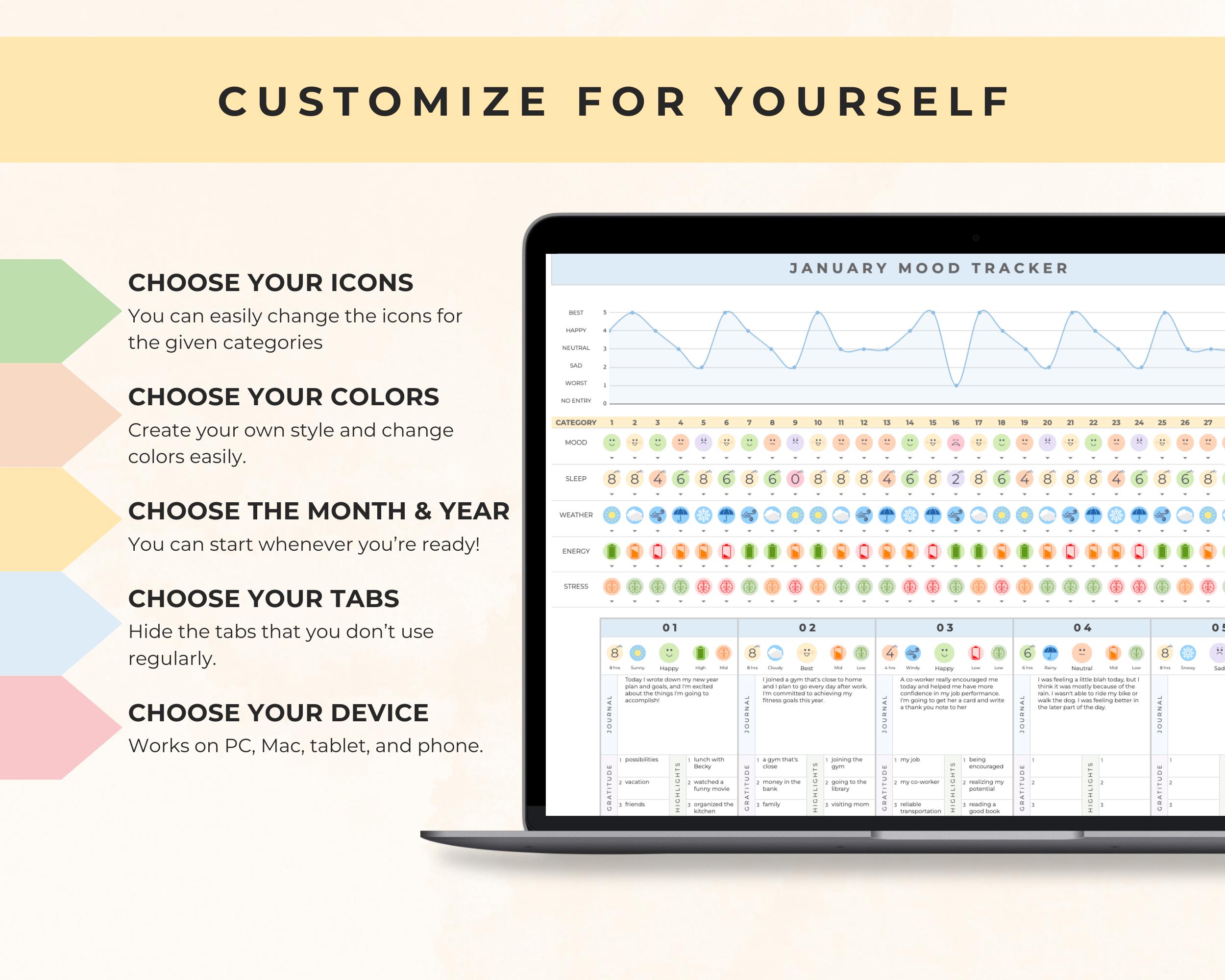 Monthly Mood Tracker Digital Anxiety Journal Sleep Tracker Stress Log ...