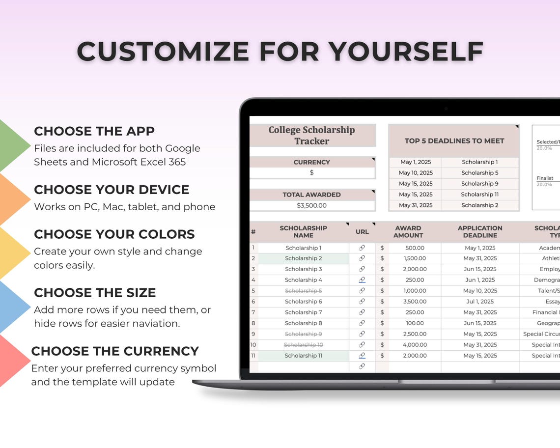 College Scholarship Tracker Google Sheet College Planning Spreadsheet ...
