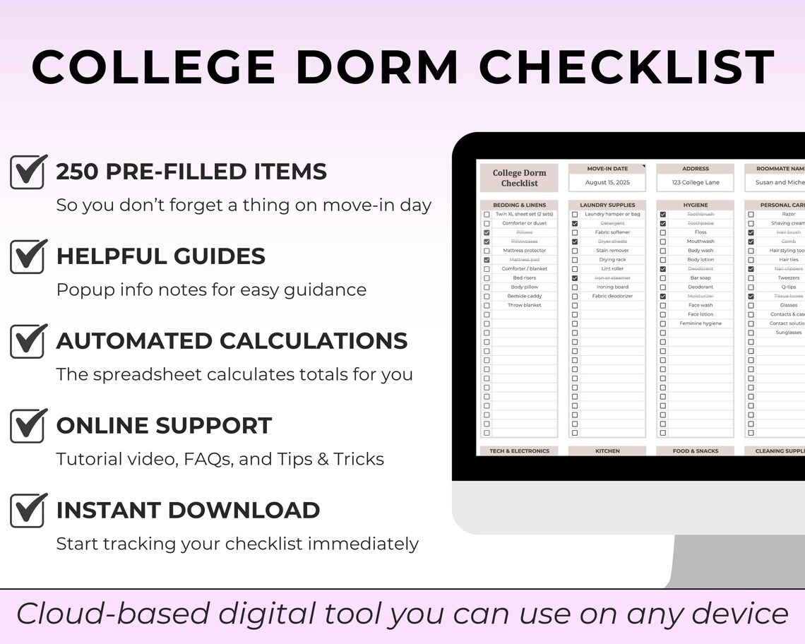 College Dorm Room Checklist Template Google Sheet Excel Packing List ...