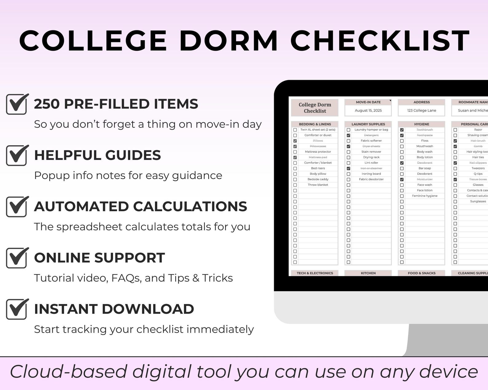 College Dorm Room Checklist Template Google Sheet Excel Packing List ...