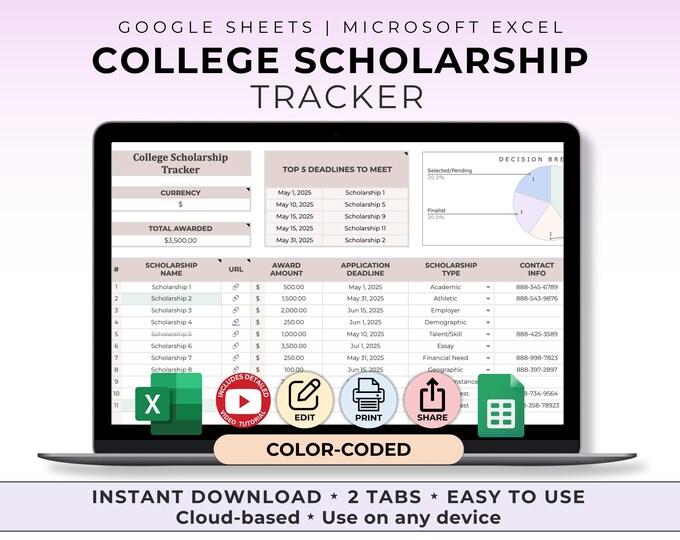 Printable Scholarship Database Table | Scholarship Application Tracker ...