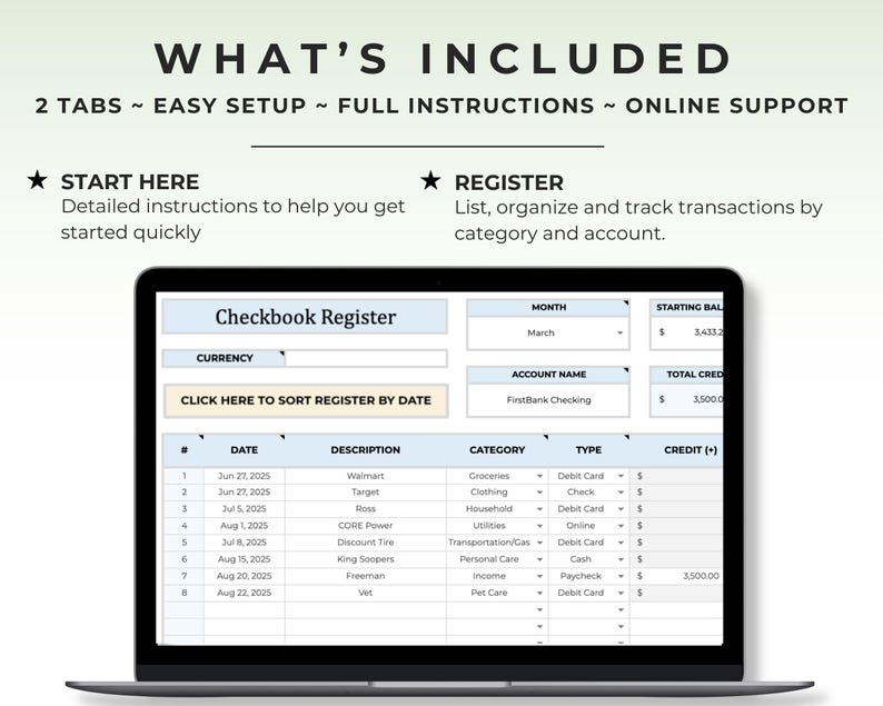 Checkbook Register for Google Sheets Budget Digital Check Balancing ...