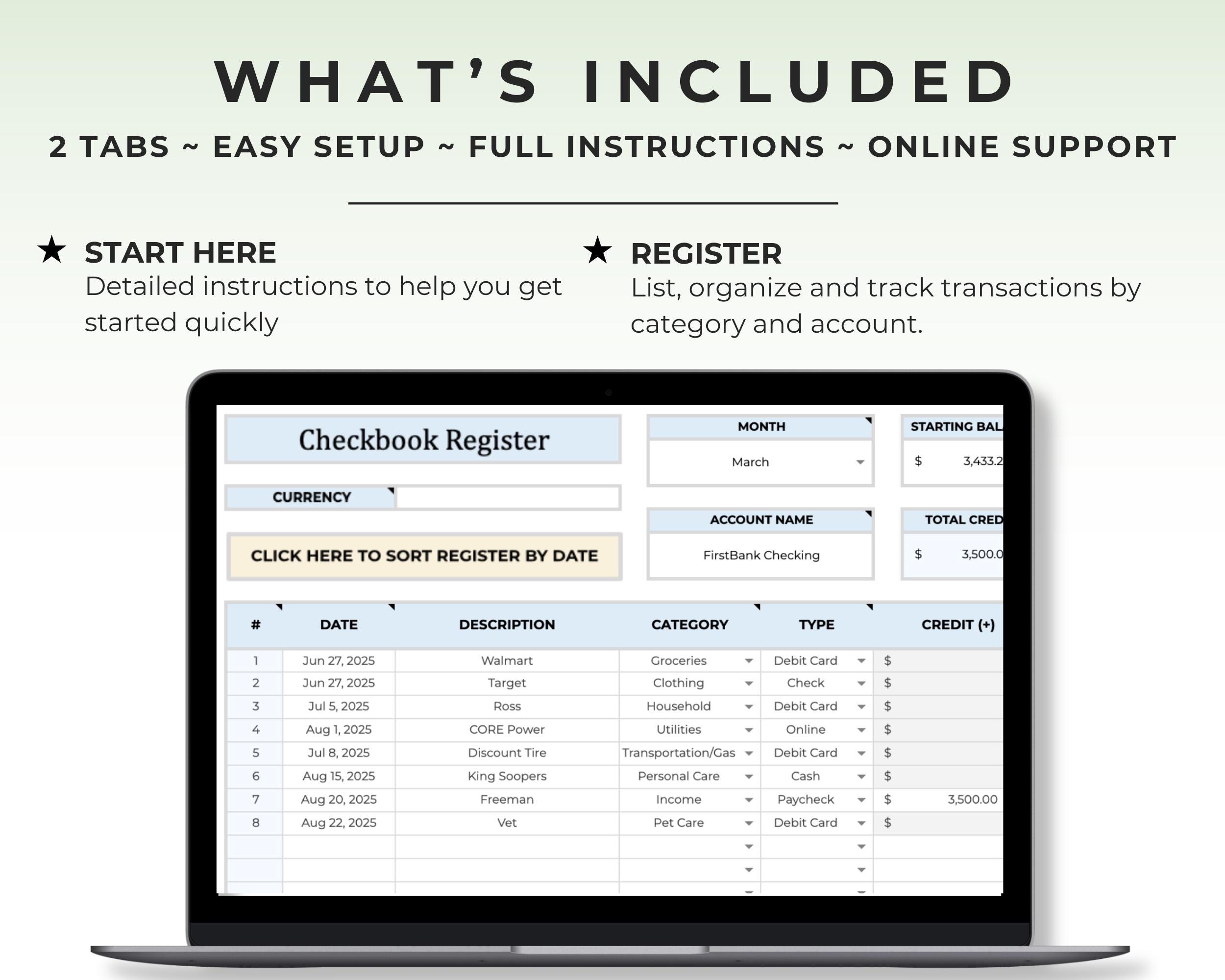 Checkbook Register for Google Sheets Budget Digital Check Balancing ...