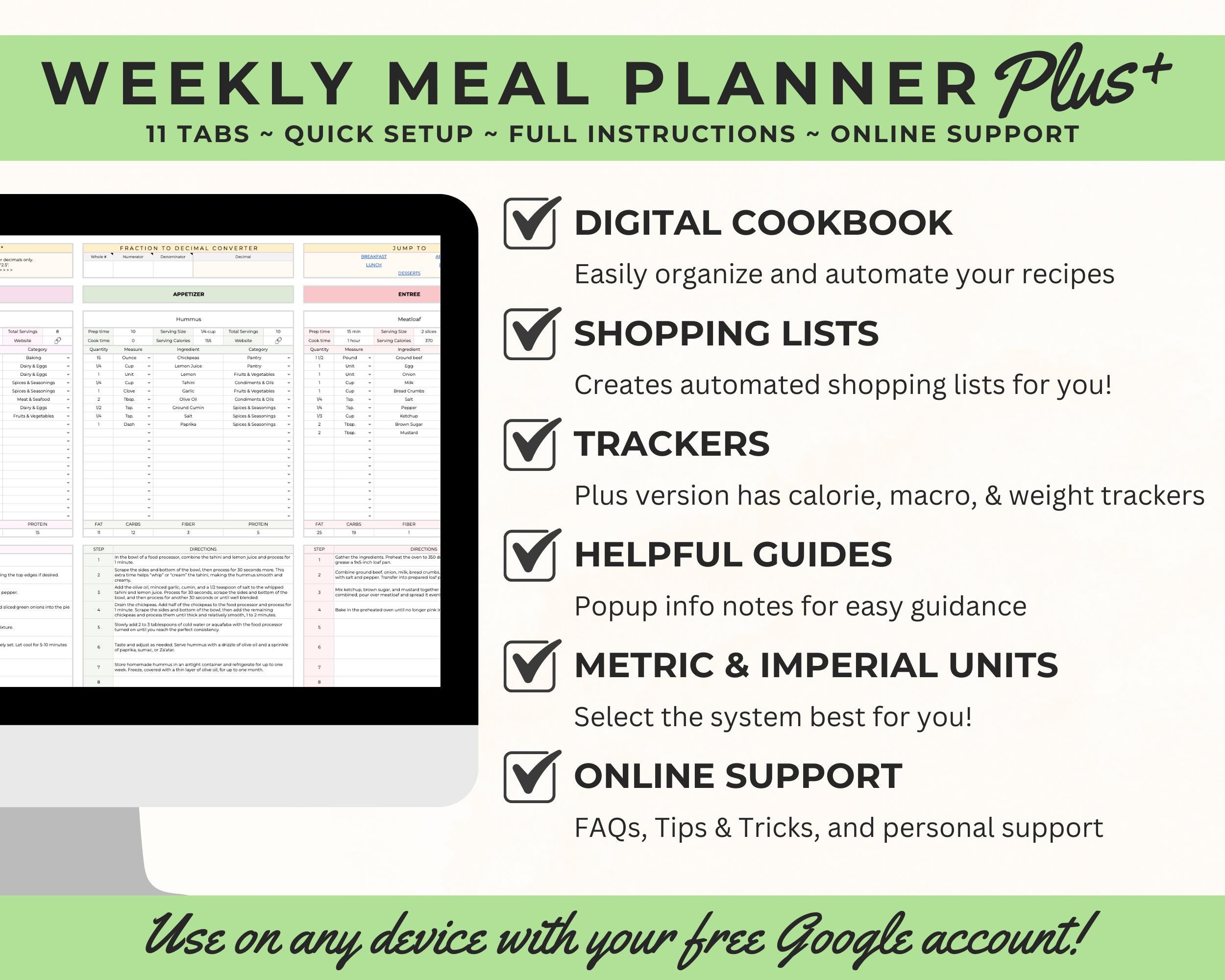 Meal Prep Planner Recipe Journal Google Sheet Template Food Calorie ...