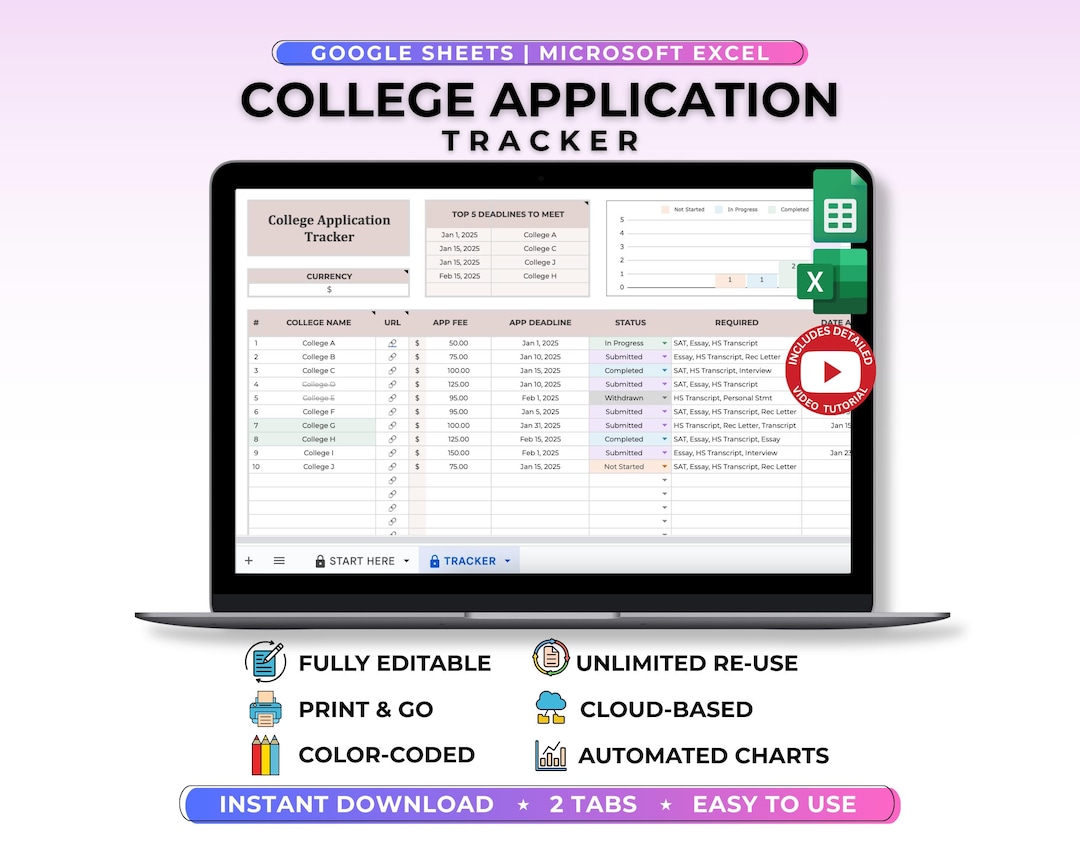 College Application Tracker Google Sheet College Planning Spreadsheet ...