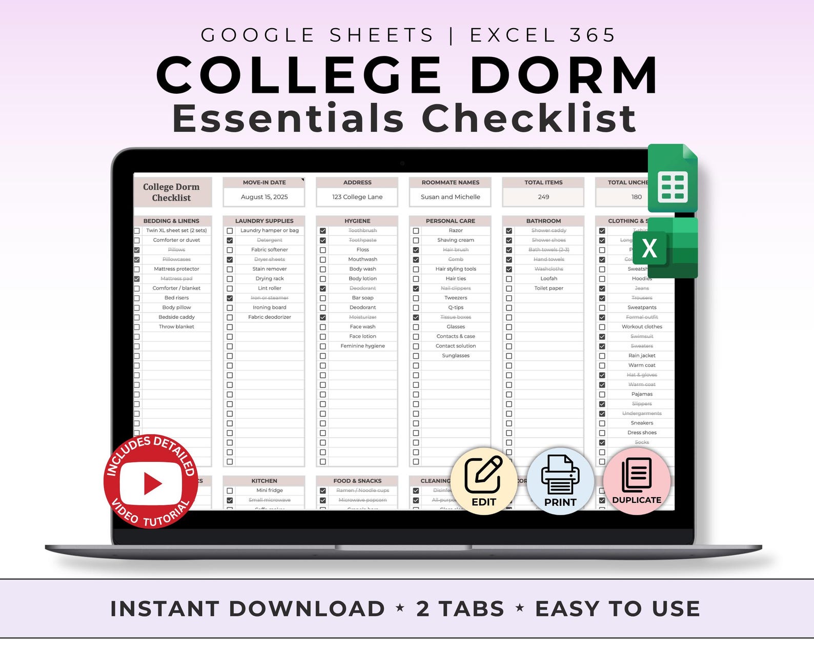 College Dorm Room Checklist Template Google Sheet Excel Packing List ...