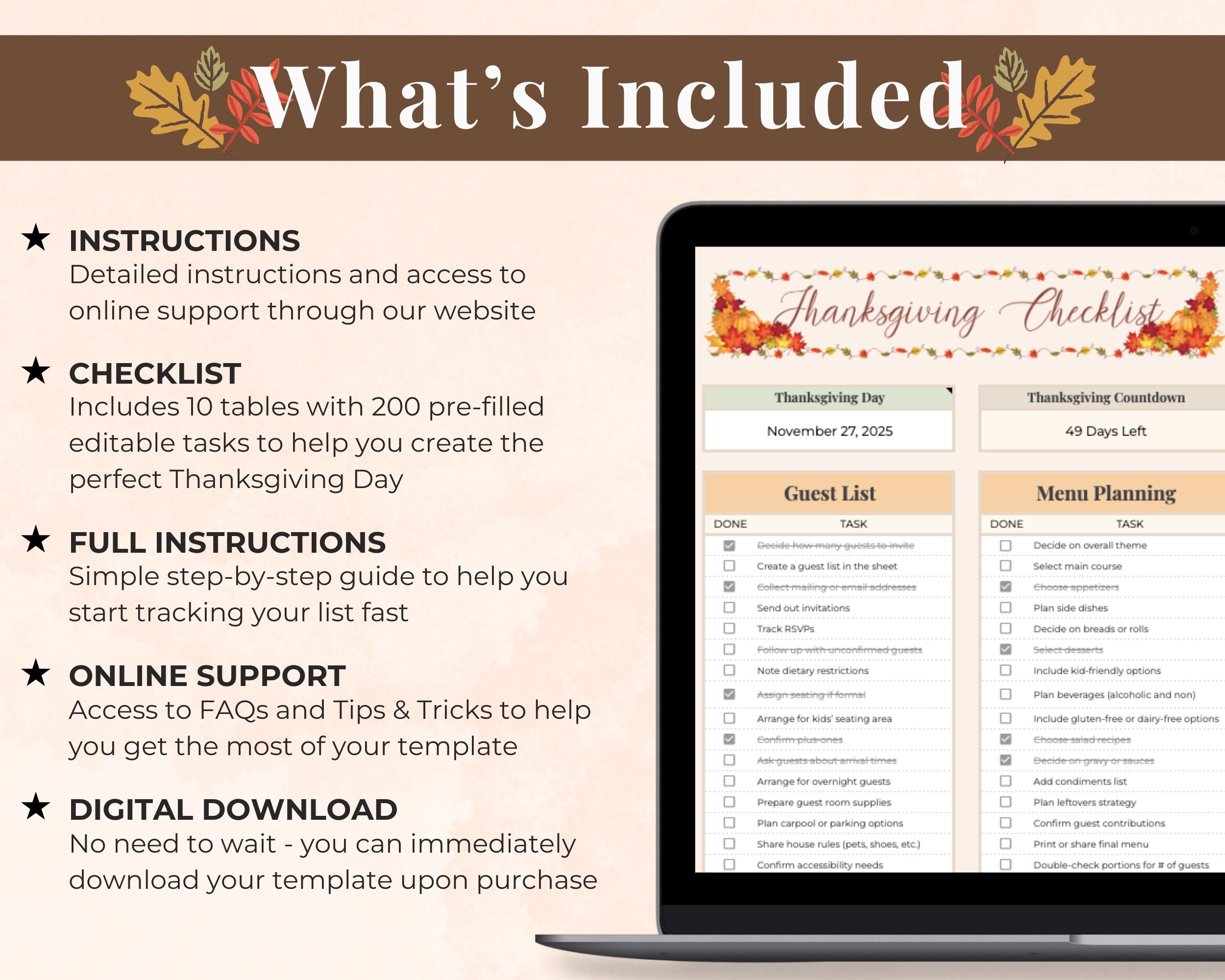 Thanksgiving Planning List Holiday Checklist Google Sheet Thanksgiving ...