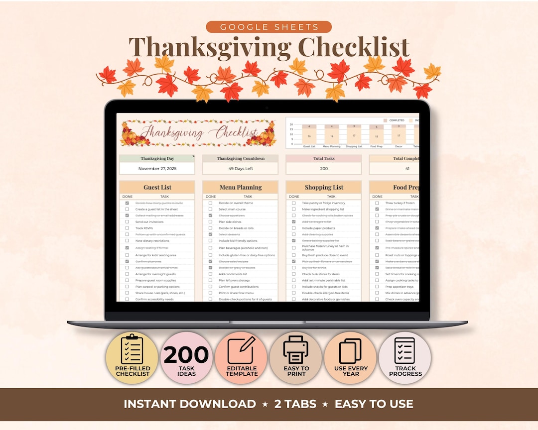 Thanksgiving Planning List Holiday Checklist Google Sheet Thanksgiving ...