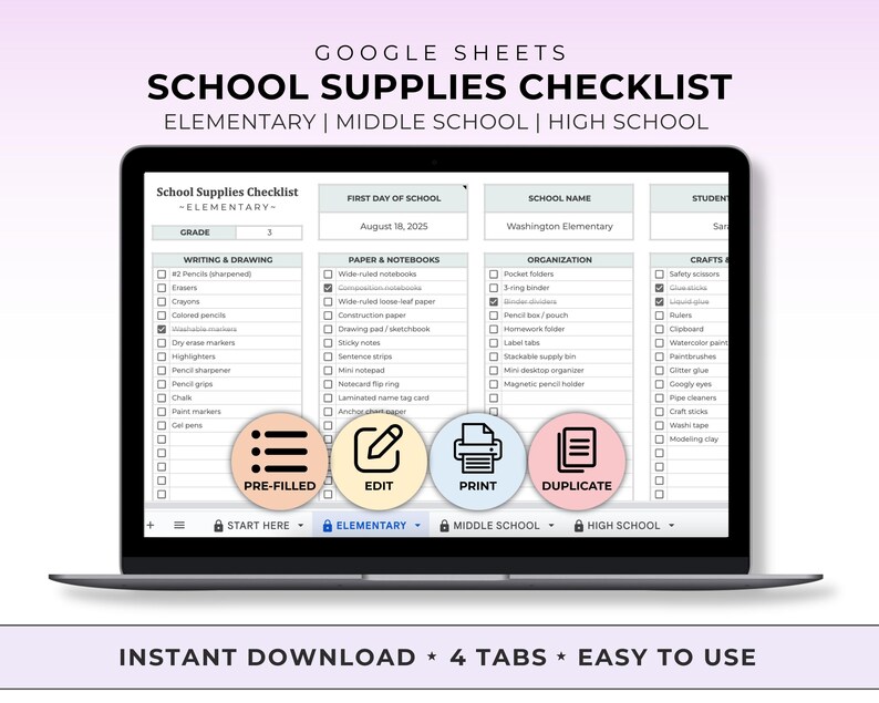 School Supplies Checklist Google Sheets Back to School Supplies ...