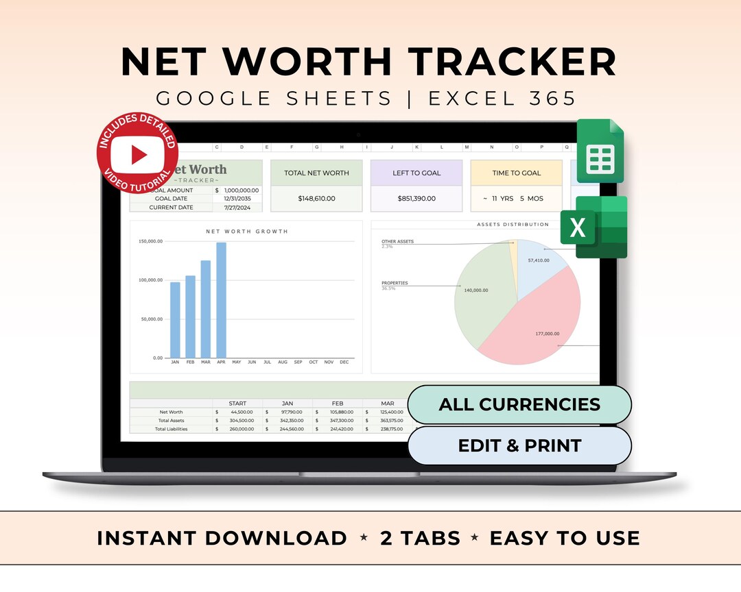 Net Worth Tracker Google Sheets Excel Finance Spreadsheet Annual Net ...