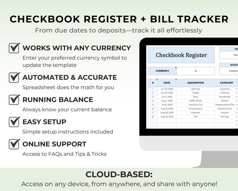 Checkbook Register Bill Tracker Google Sheets Template Budget Finance ...