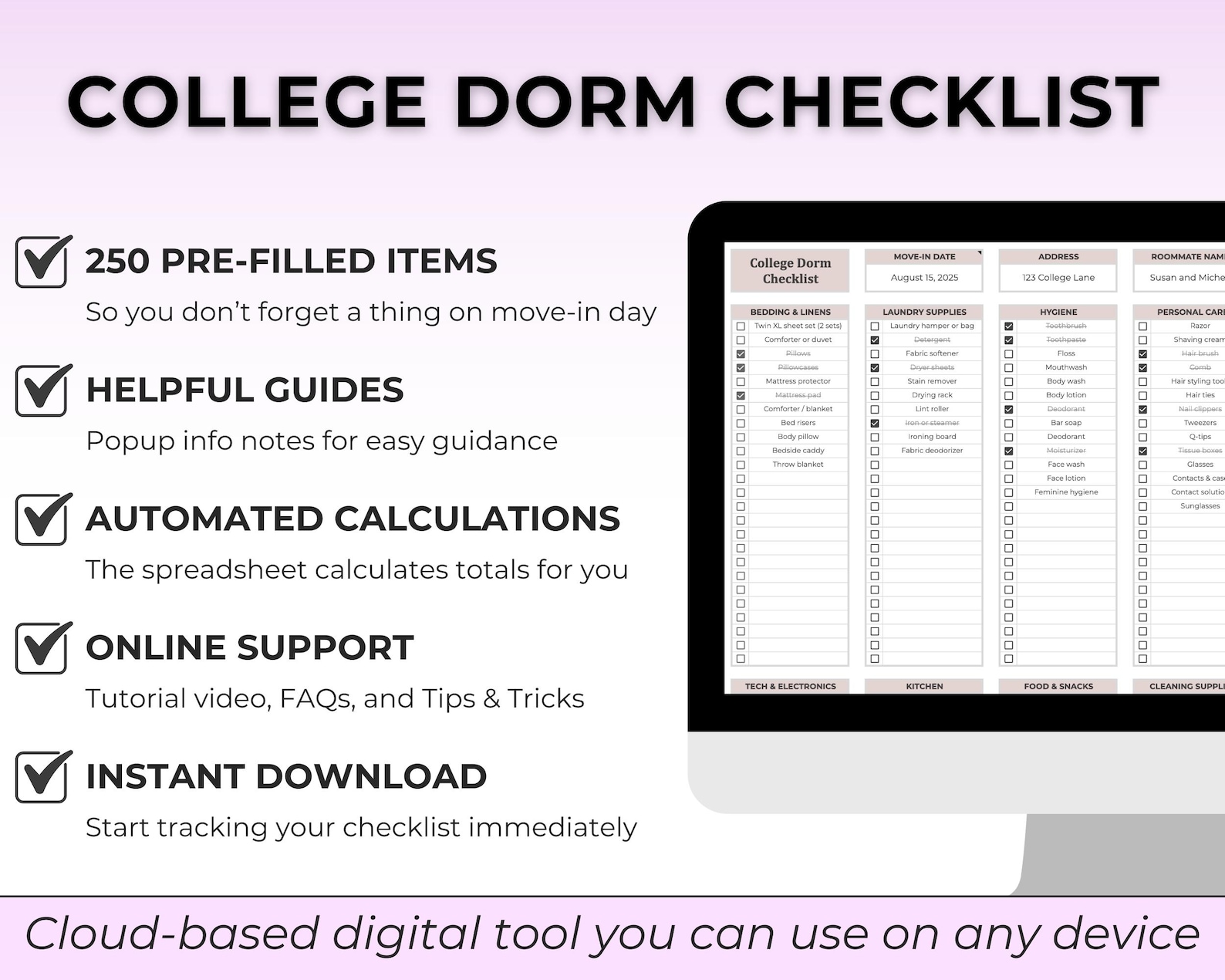 College Dorm Room Checklist Template Google Sheet Excel Packing List ...