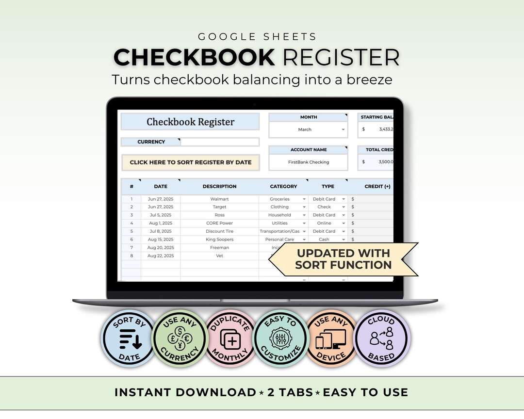 Checkbook Register for Google Sheets Budget Digital Check Balancing ...
