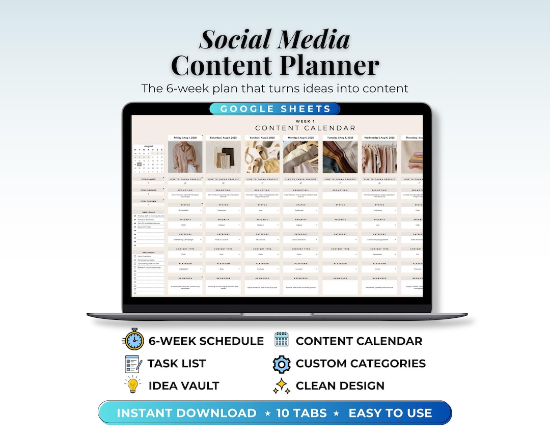 Social Media Content Planner Calendar Spreadsheet Google Sheets Digital ...