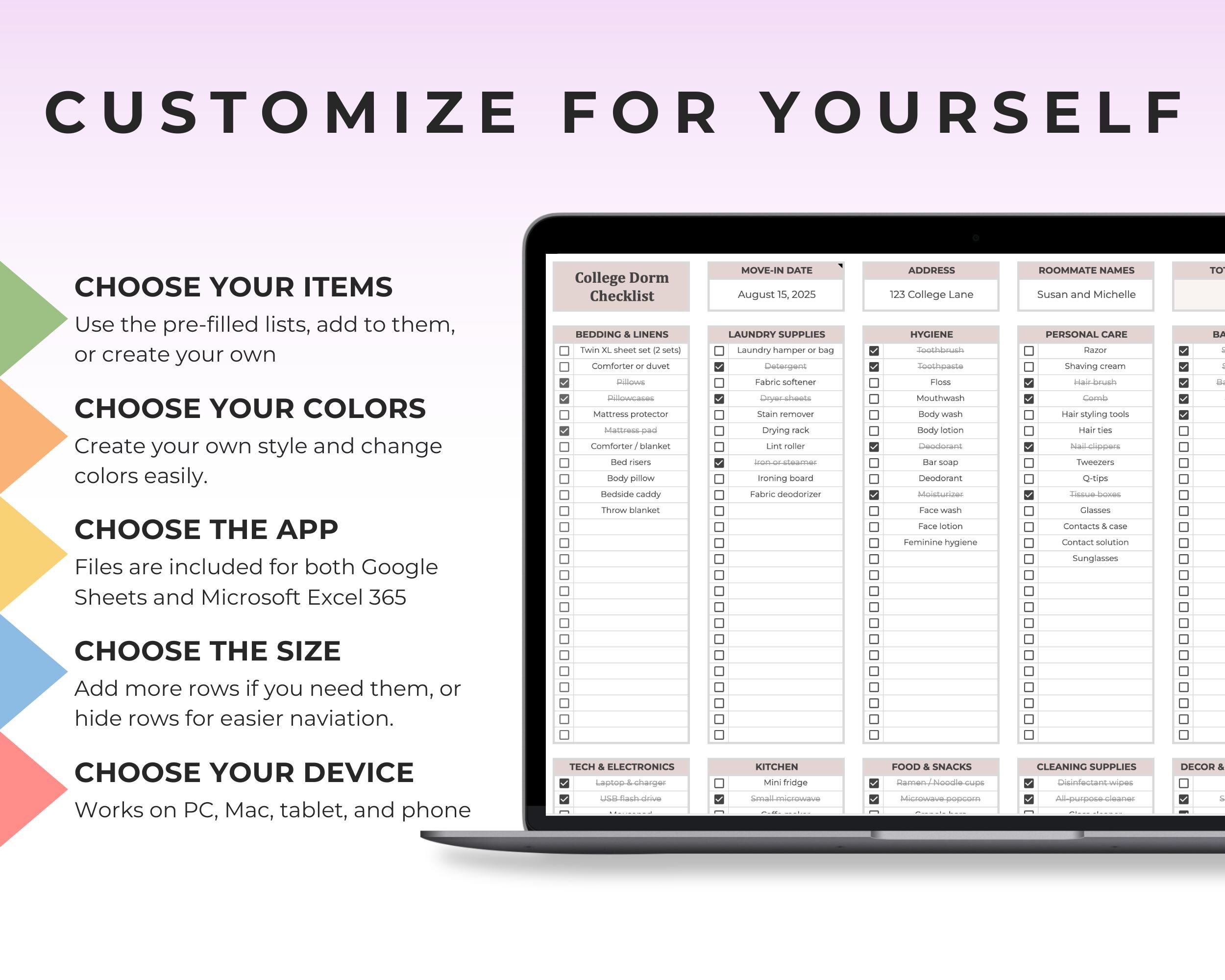 College Dorm Room Checklist Template Google Sheet Excel Packing List ...