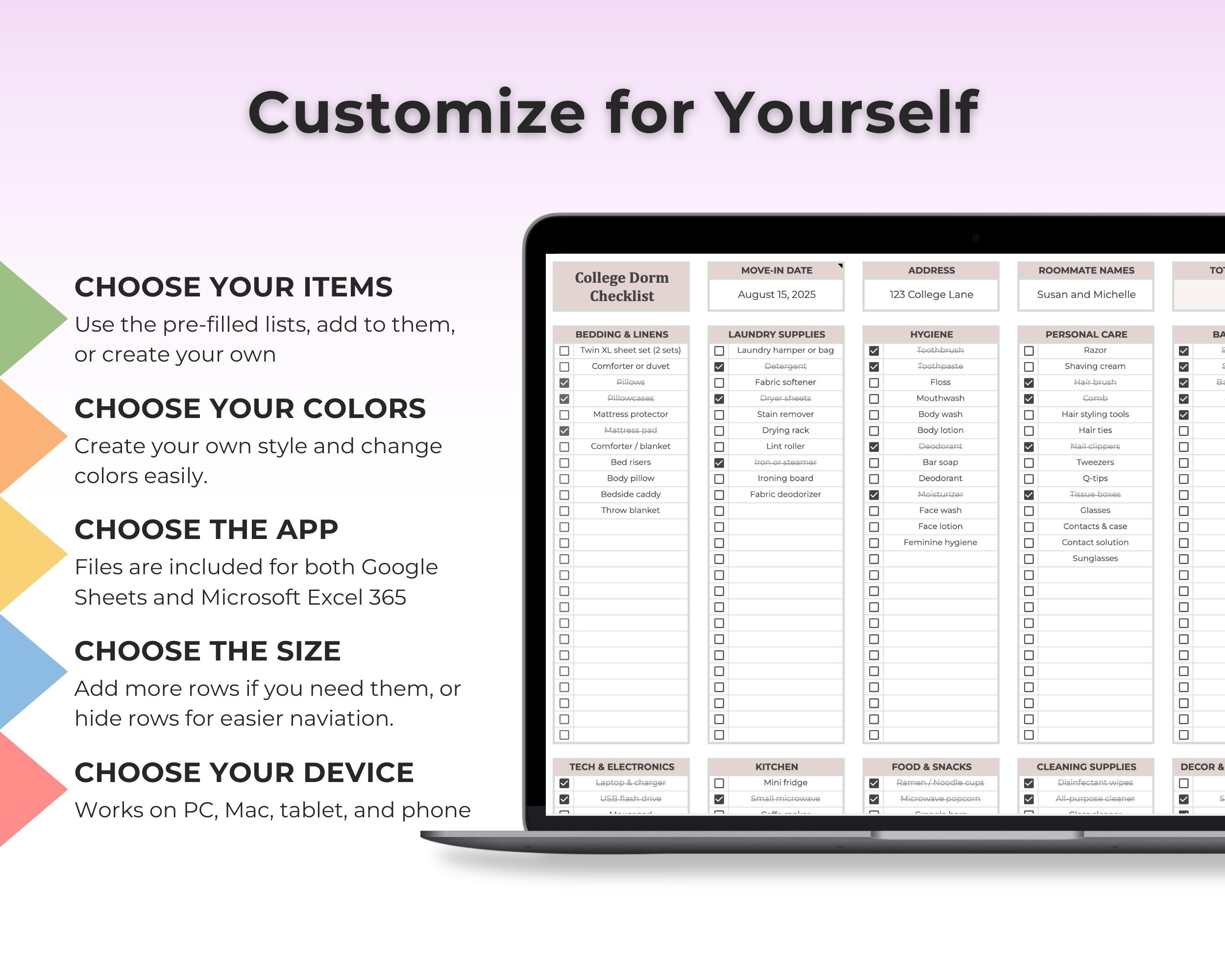 College Dorm Room Checklist Template Google Sheet Excel Packing List ...