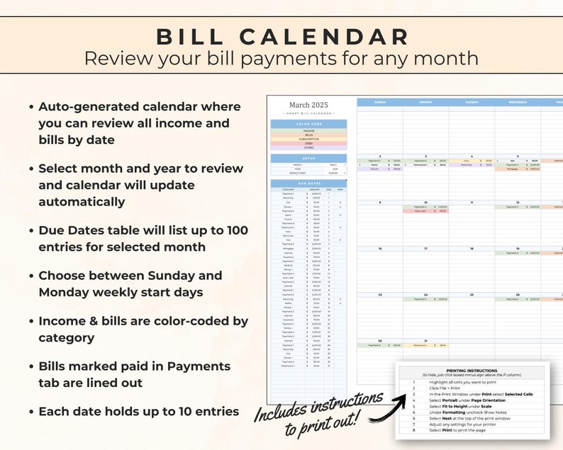 Smart Bill Calendar Google Sheet Bill Payment Tracker Spreadsheet ...