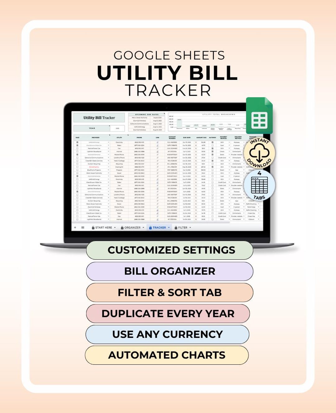 Utility Bill Tracker Google Sheet Utilities Tracker Dashboard Utility ...