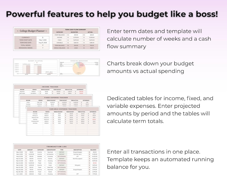 College Budget Student Planner Google Sheet Template Income Expense ...