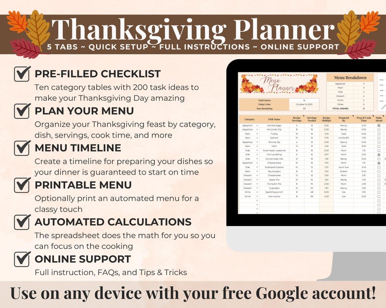 Thanksgiving Planner Google Sheet Thanksgiving Spreadsheet Thanksgiving ...
