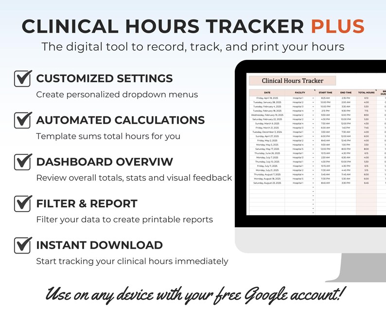 Clinical Hour Tracker Spreadsheet Google Sheet Nursing School Planner ...