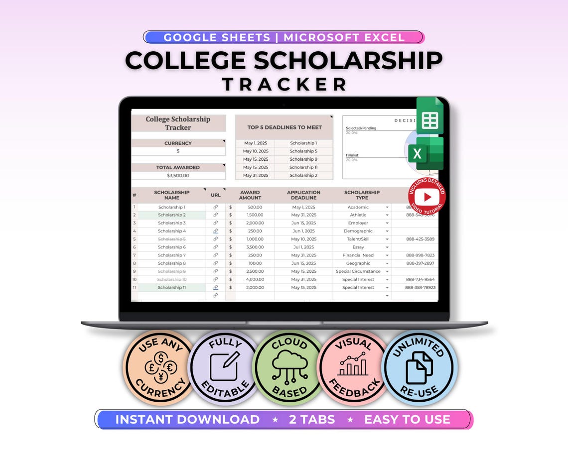 College Scholarship Tracker Google Sheet College Planning Spreadsheet ...